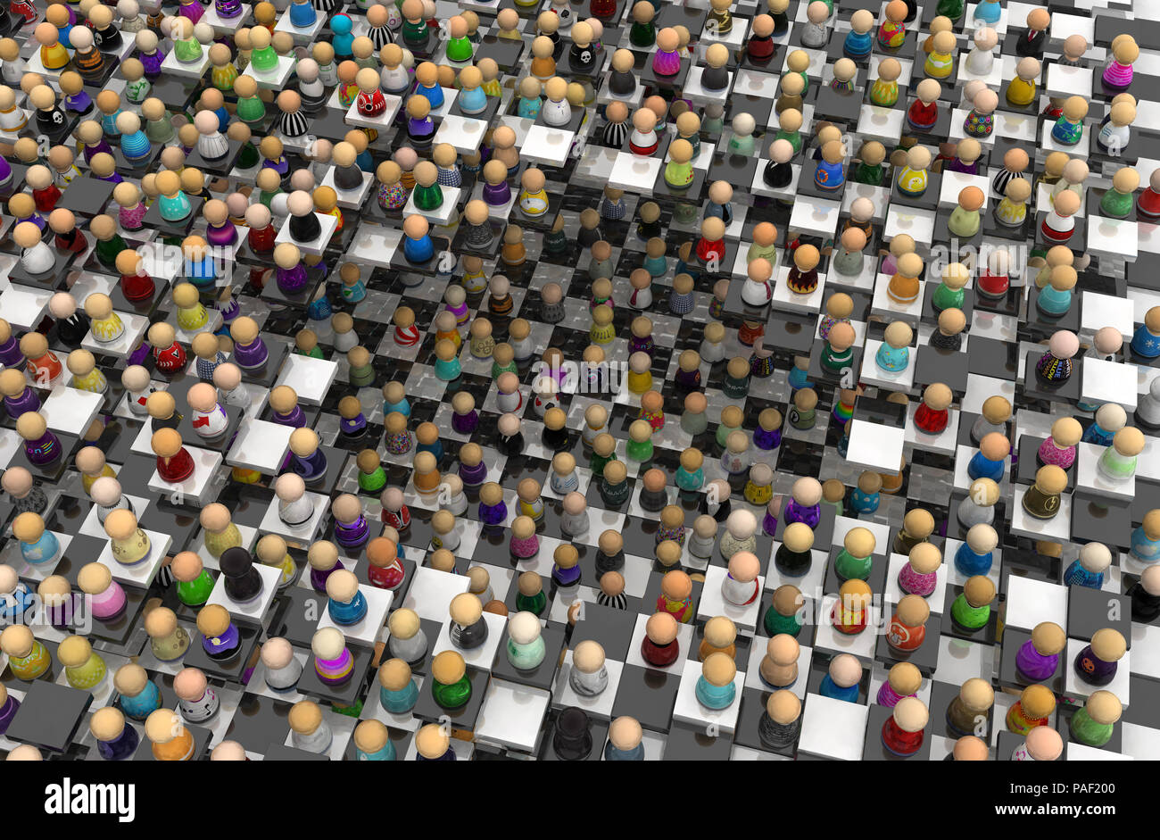 Crowd of small symbolic figures, chessboard tiles hole, 3d illustration ...