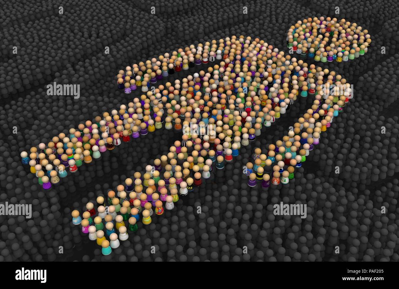 Crowd of small symbolic figures forming big person shape among dark, 3d ...
