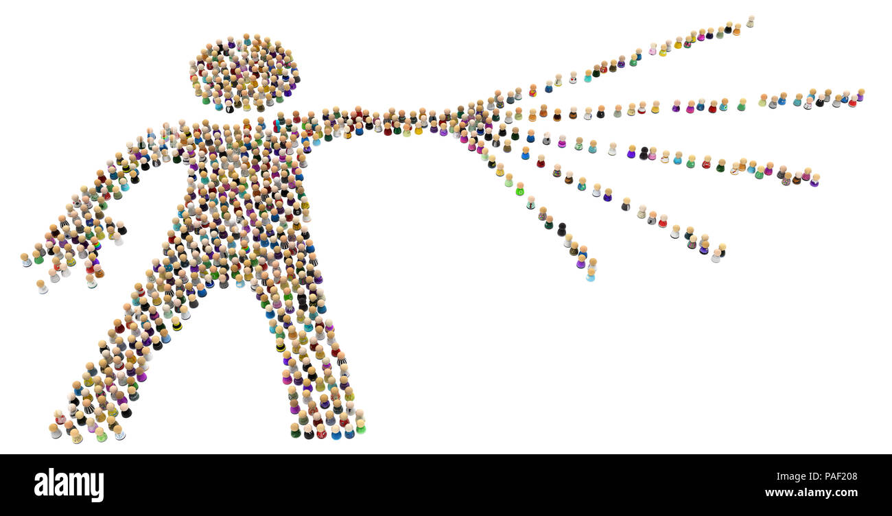 Crowd of small symbolic figures forming big person shape, arm spreading ...