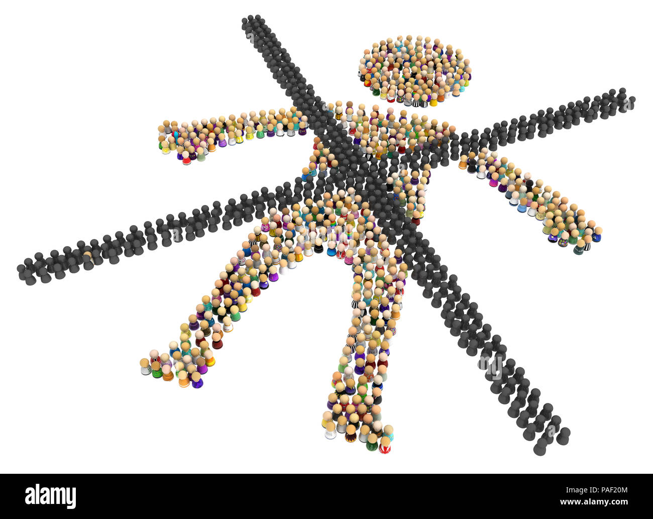 Crowd of small symbolic figures forming big person shape crossed out ...