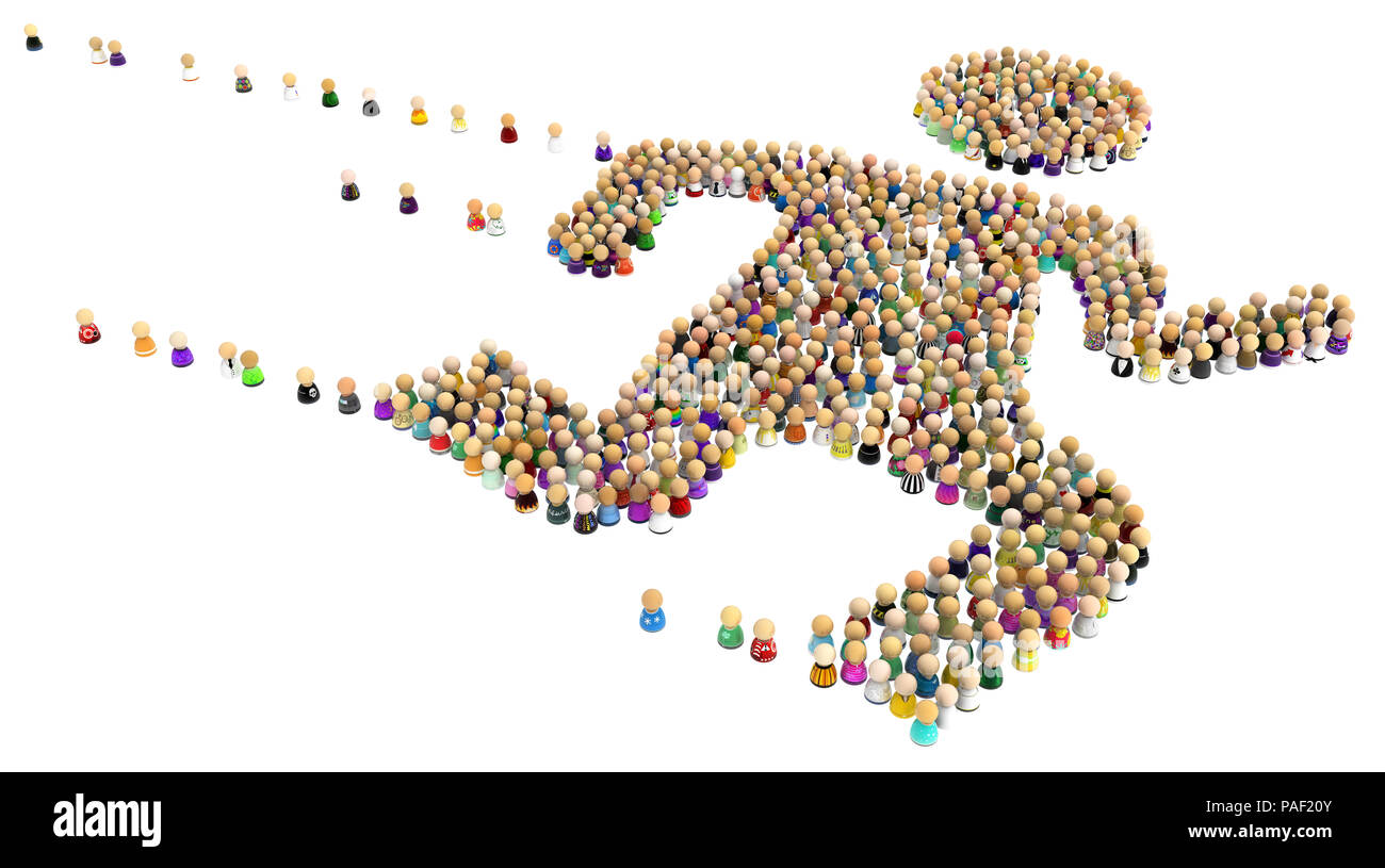 Crowd of small symbolic figures forming big person shape fast run, 3d ...