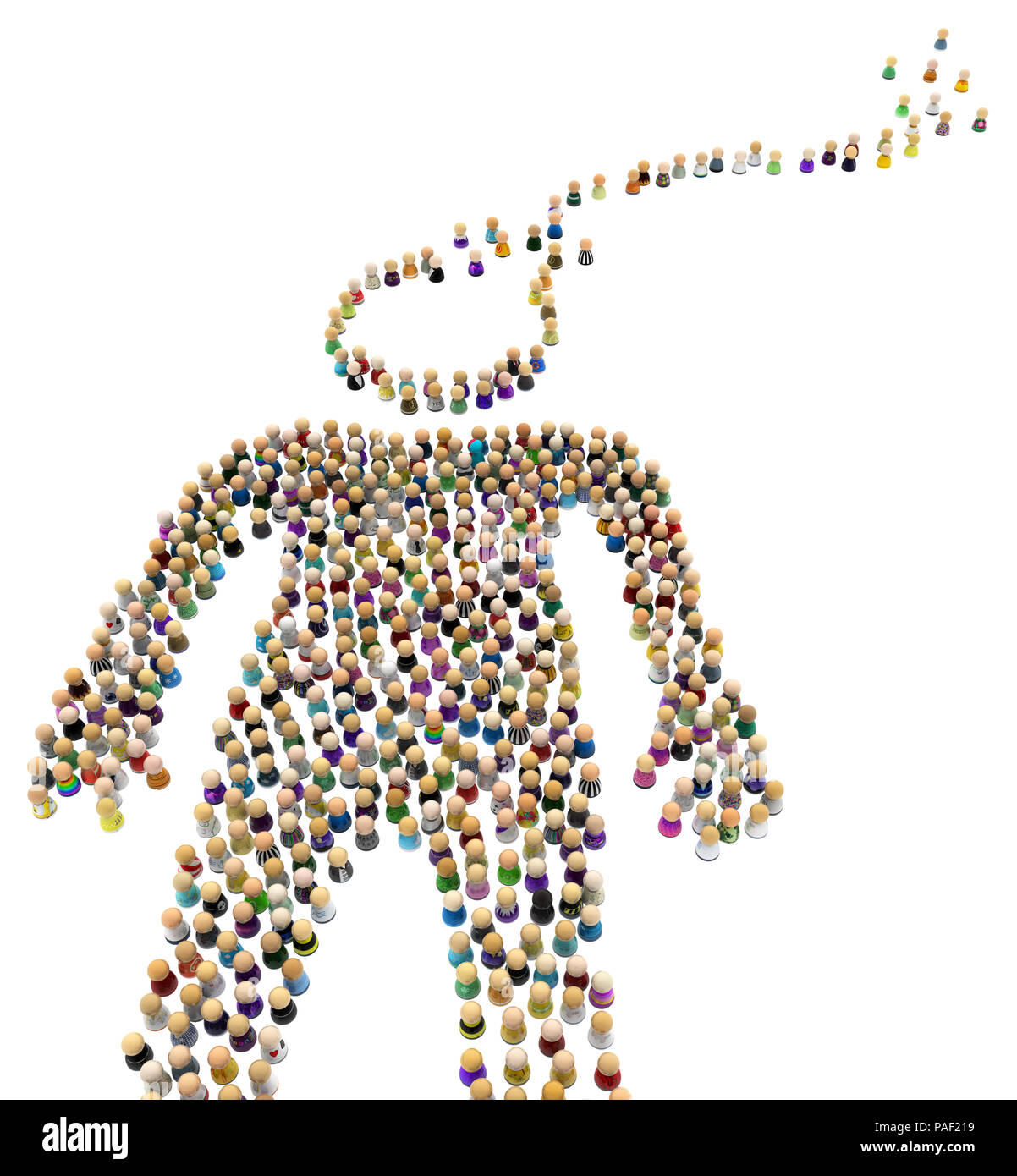 Crowd of small symbolic figures forming big person shape head leaking ...