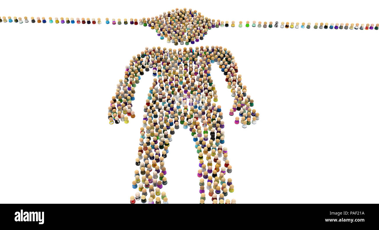 Crowd of small symbolic figures forming big person shape line through ...