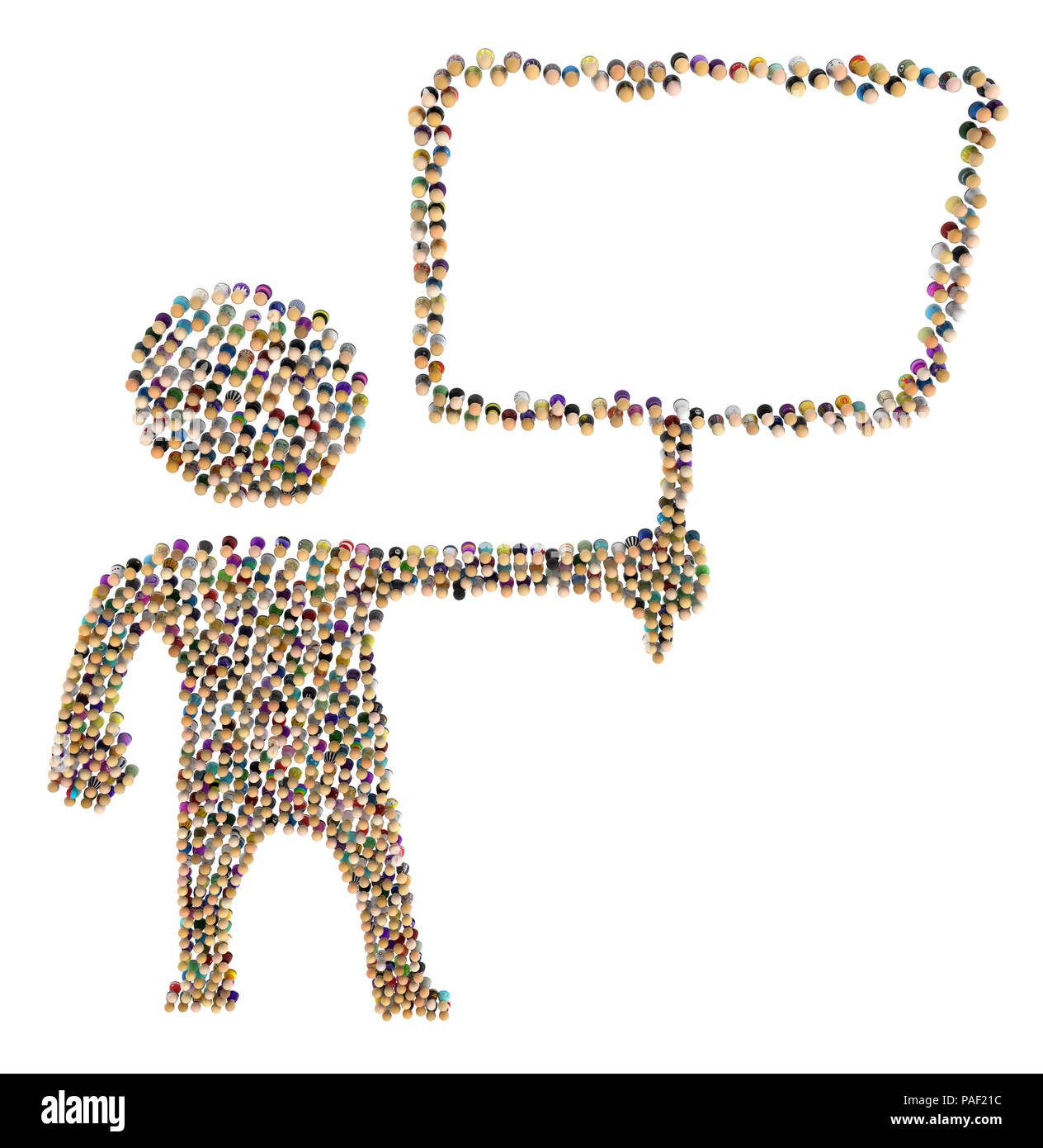 Crowd of small symbolic figures forming big person shape holding sign ...