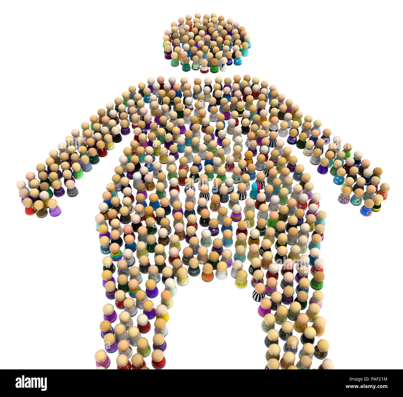Crowd of small symbolic figures forming big person shape overweight fat ...