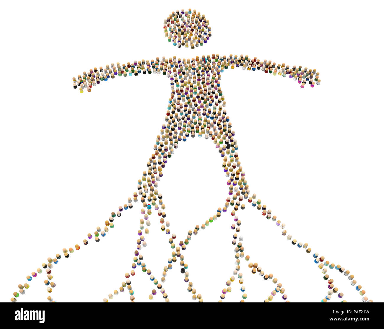 Crowd of small symbolic figures forming big person shape, roots legs ...
