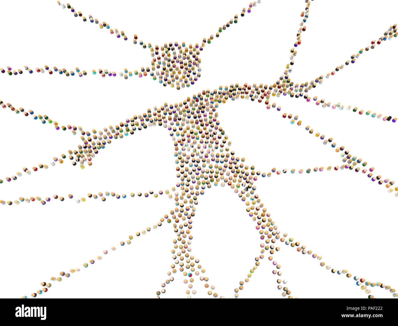 Crowd of small symbolic figures forming big person shape, many tethers ...