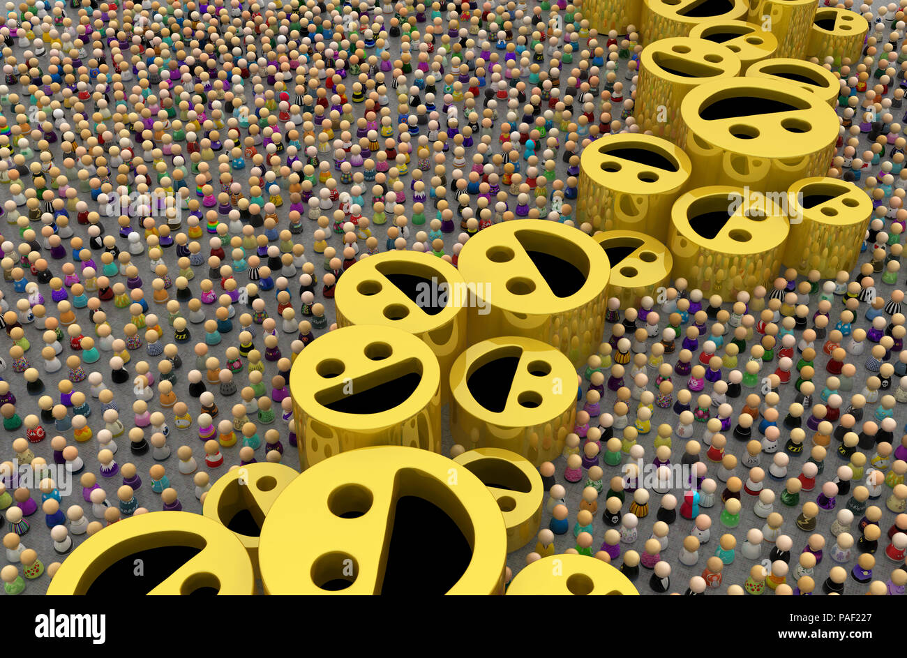 Crowd of small symbolic figures, happy face border wall divide, 3d ...