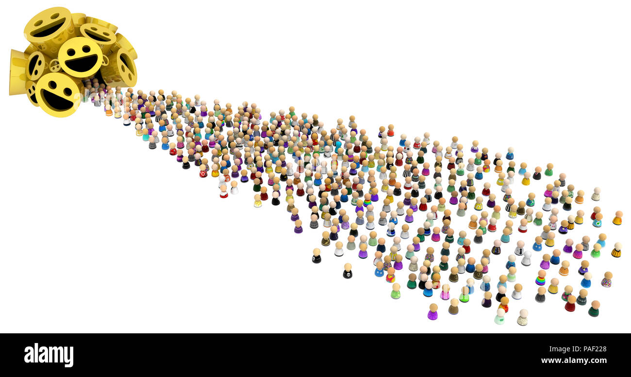 Crowd of small symbolic figures, happy faces exit source metaphor, 3d ...