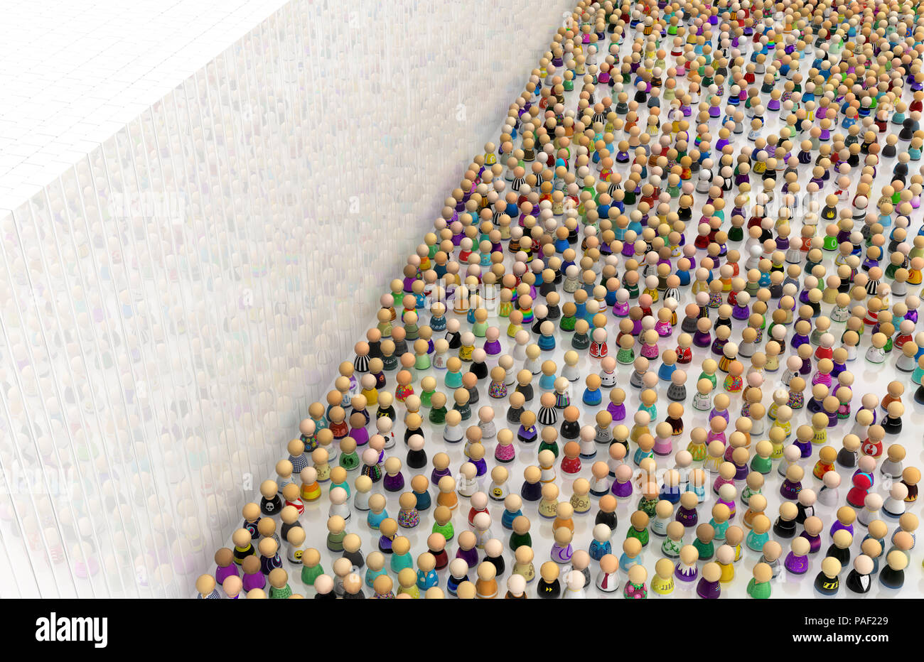 Crowd of small symbolic figures, white wall reflection, 3d illustration ...
