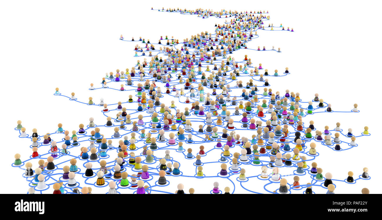 Crowd of small symbolic 3d figures linked by lines, complex layered ...