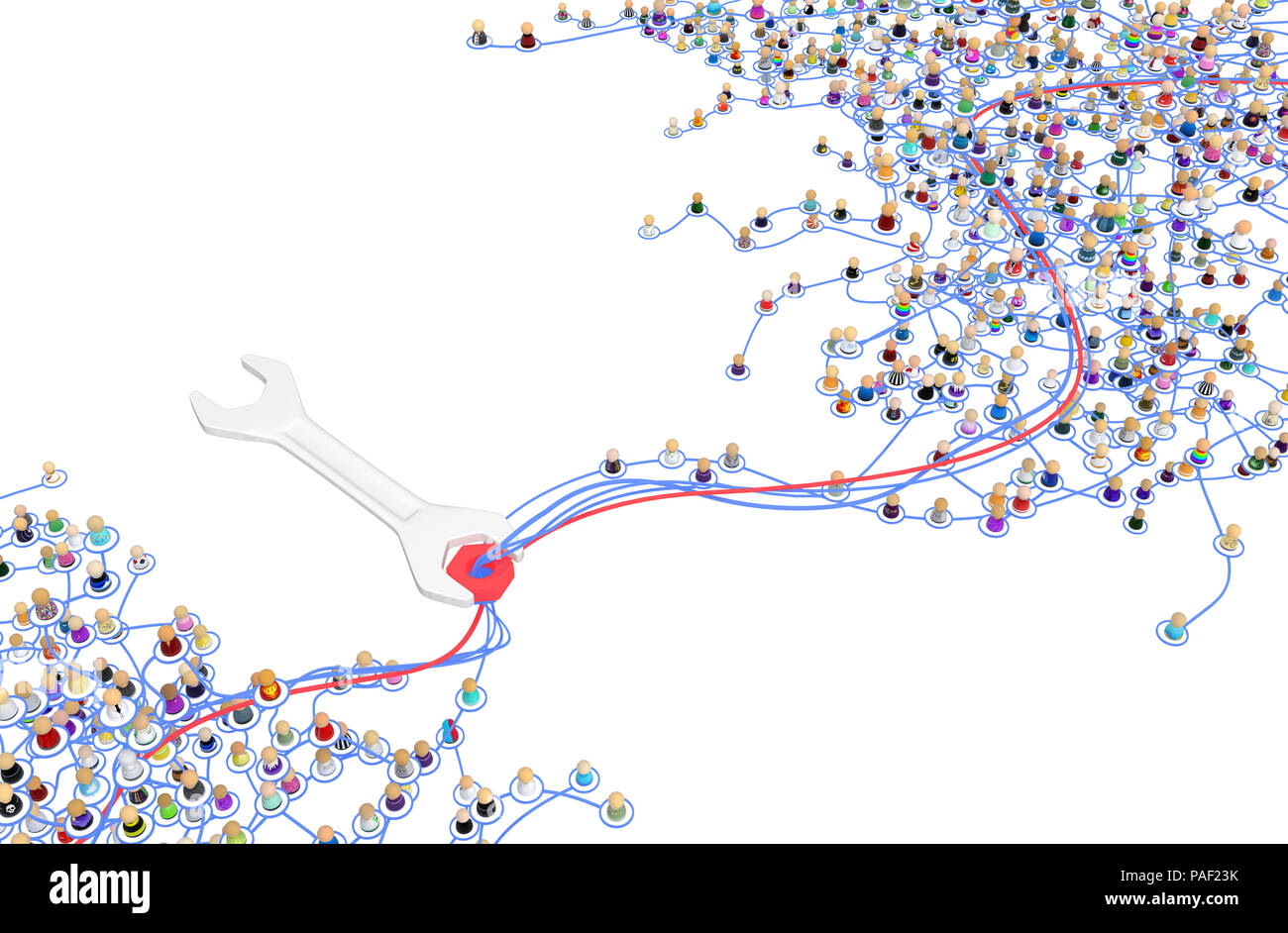 Crowd of small symbolic 3d figures linked by lines, complex layered ...