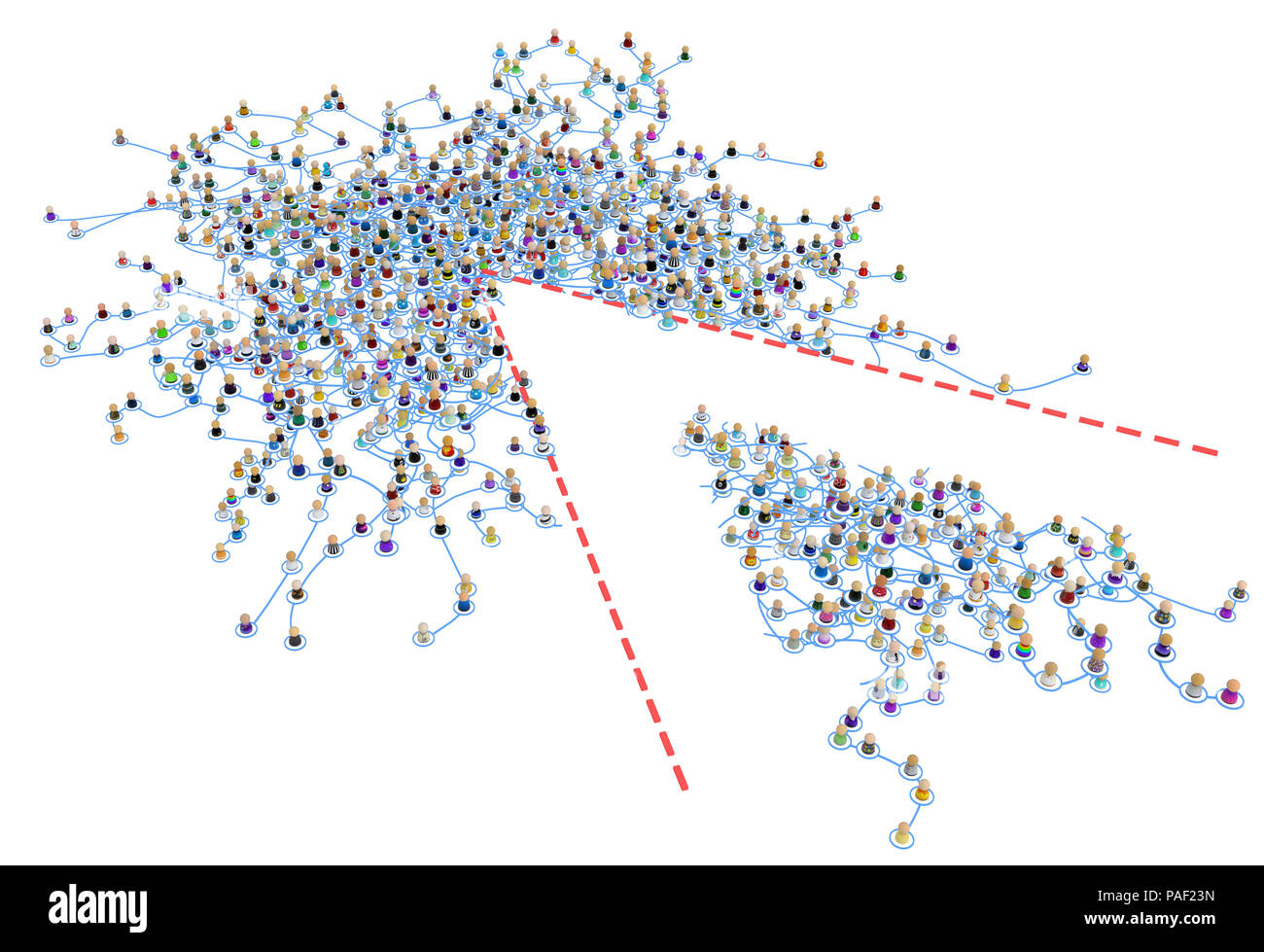Crowd of small symbolic 3d figures linked by lines, complex layered ...