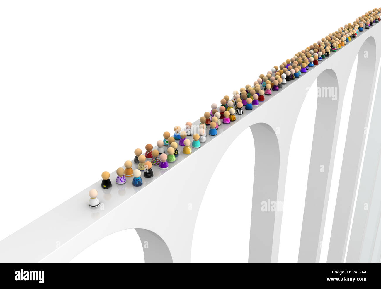 Crowd of small symbolic figures, high harrow bridge crossing, 3d ...