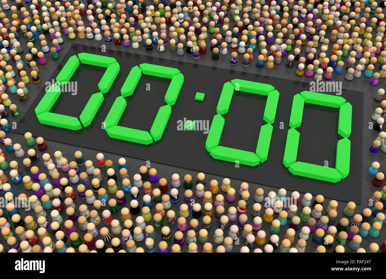 Crowd of small symbolic figures, digital timer zero count, 3d ...