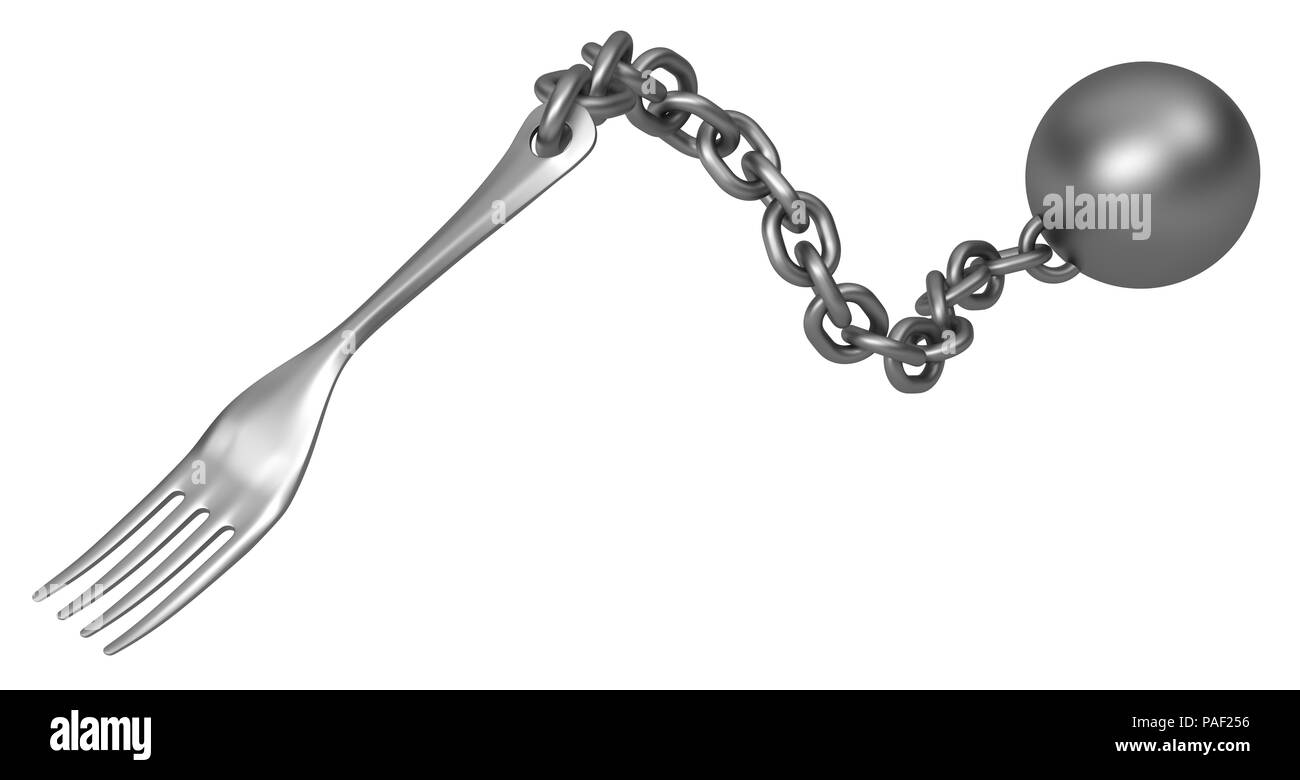 Fork ball and chain, 3d illustration, horizontal, isolated, over white ...