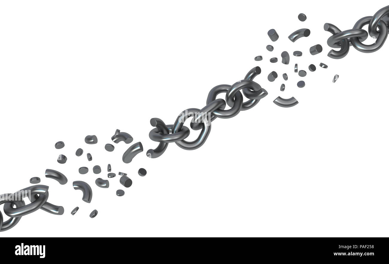 Chain break middle detach, dark grey metal 3d illustration, isolated ...