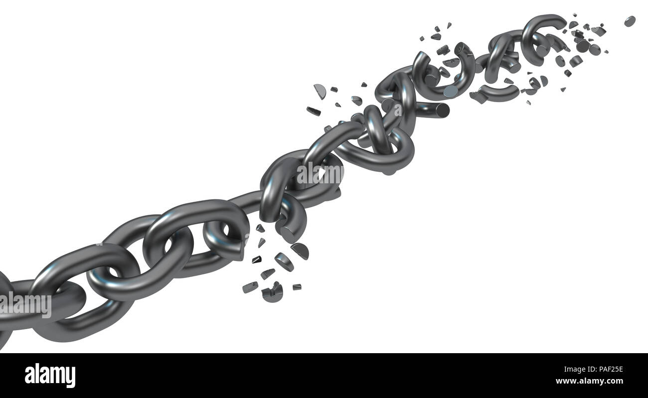 Chain shatter end, dark grey metal 3d illustration, isolated ...