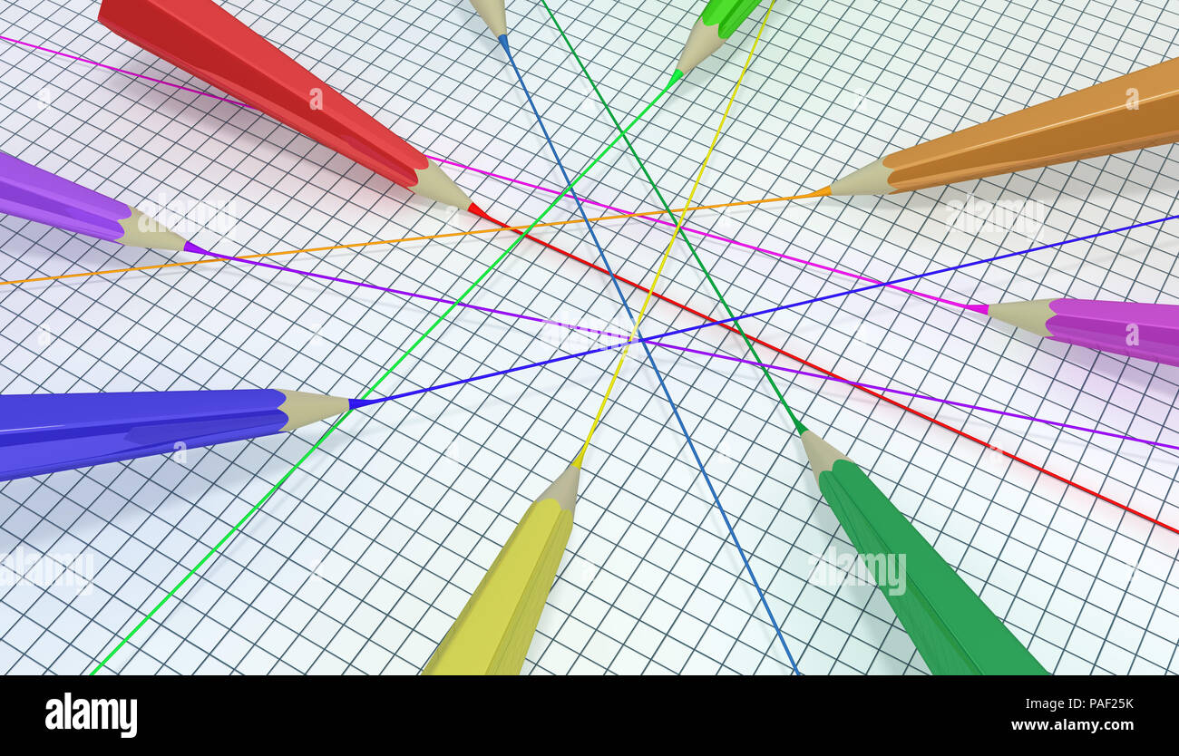 Color art pencils drawing straight lines, 3d illustration, horizontal ...