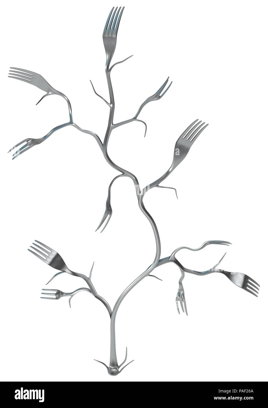 Fork branching tree metal surreal, 3d illustration, horizontal ...