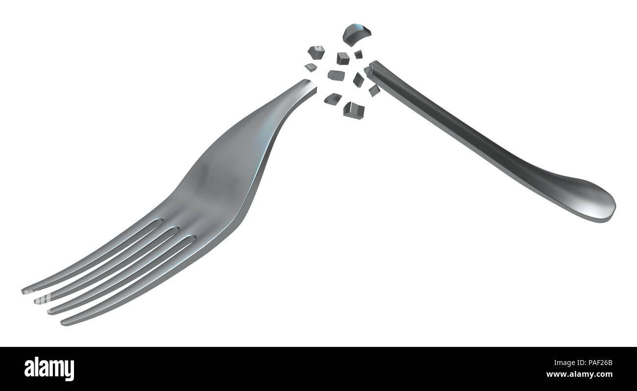 Fork metal breaking in half, 3d illustration, horizontal, isolated ...