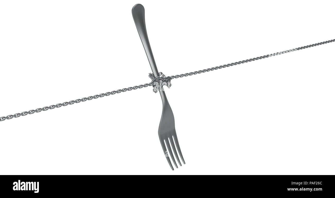 Fork chain tied, 3d illustration, horizontal, isolated, over white ...