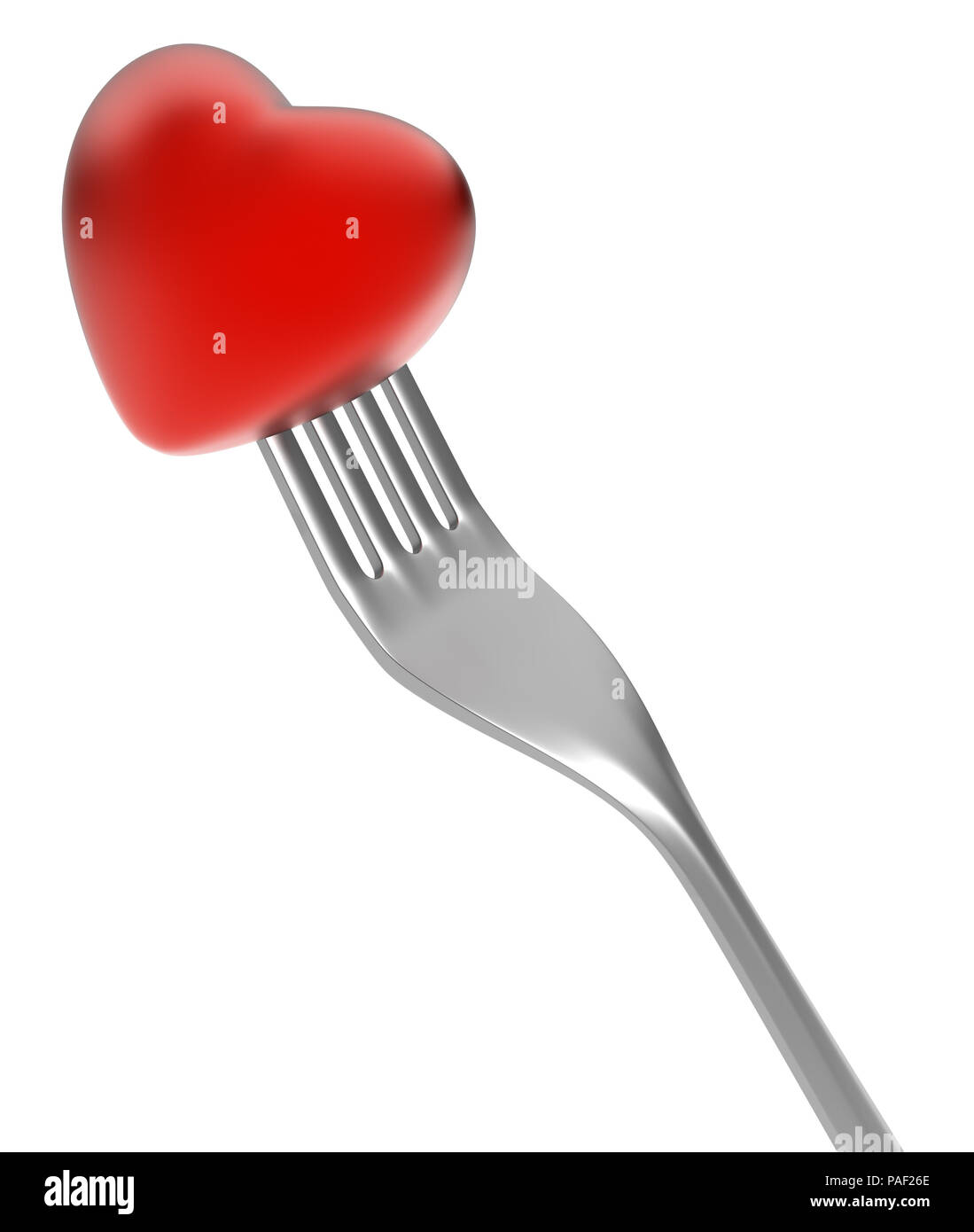 Fork with red heart symbol, 3d illustration, horizontal, isolated, over ...