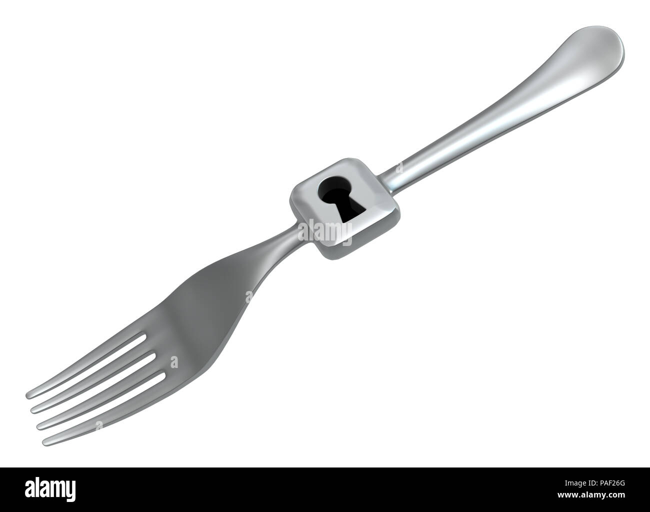 Fork with lock metal, 3d illustration, horizontal, isolated, over white ...