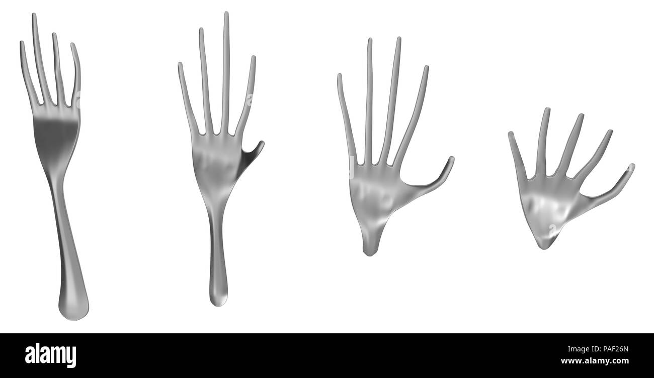 Fork metal hand transform, 3d illustration, horizontal, isolated, over ...