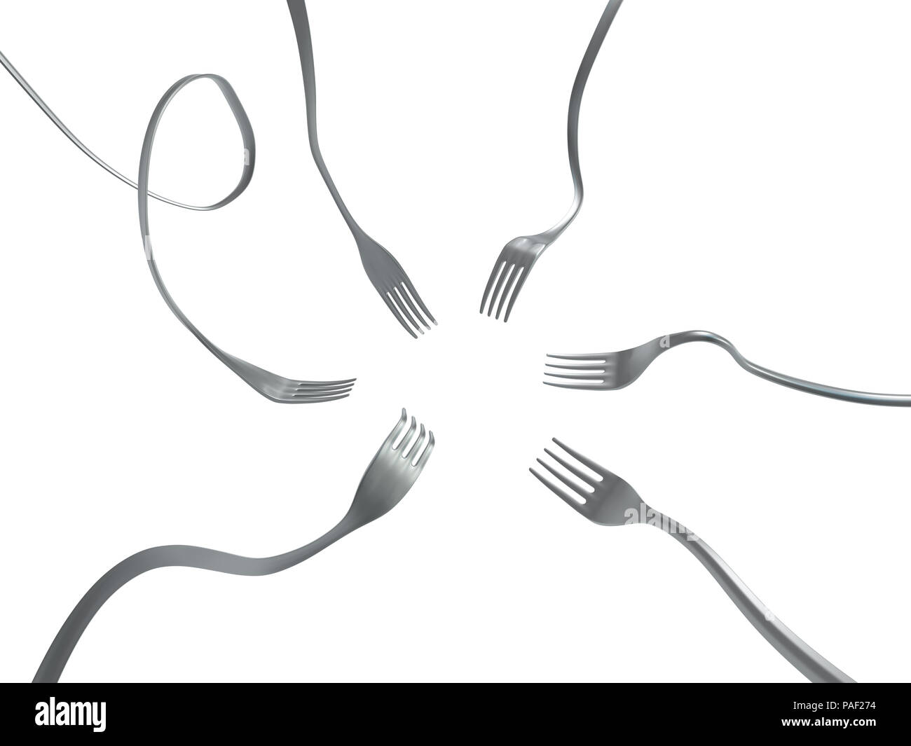 Metal forks long bent abstract, 3d illustration, horizontal, isolated ...