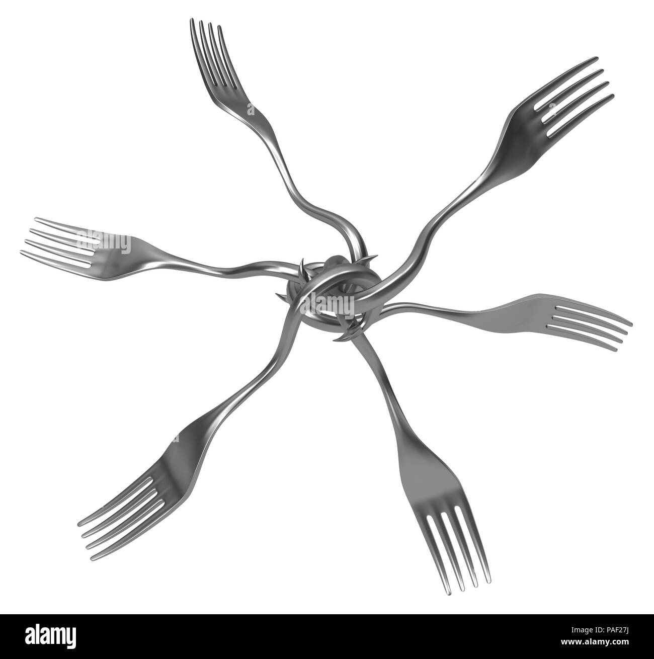 Forks with hook metal joined, 3d illustration, horizontal, isolated ...