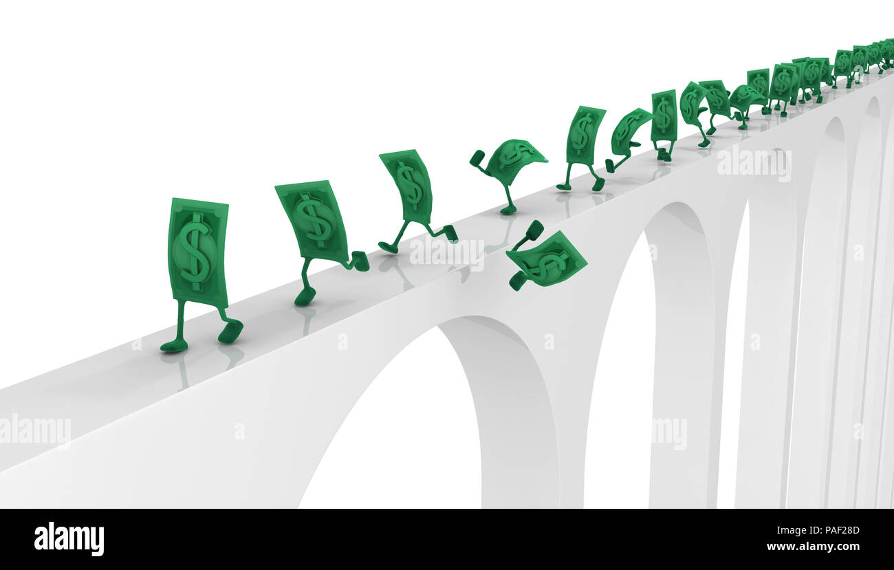 Dollar money symbol cartoon characters running on high narrow bridge ...