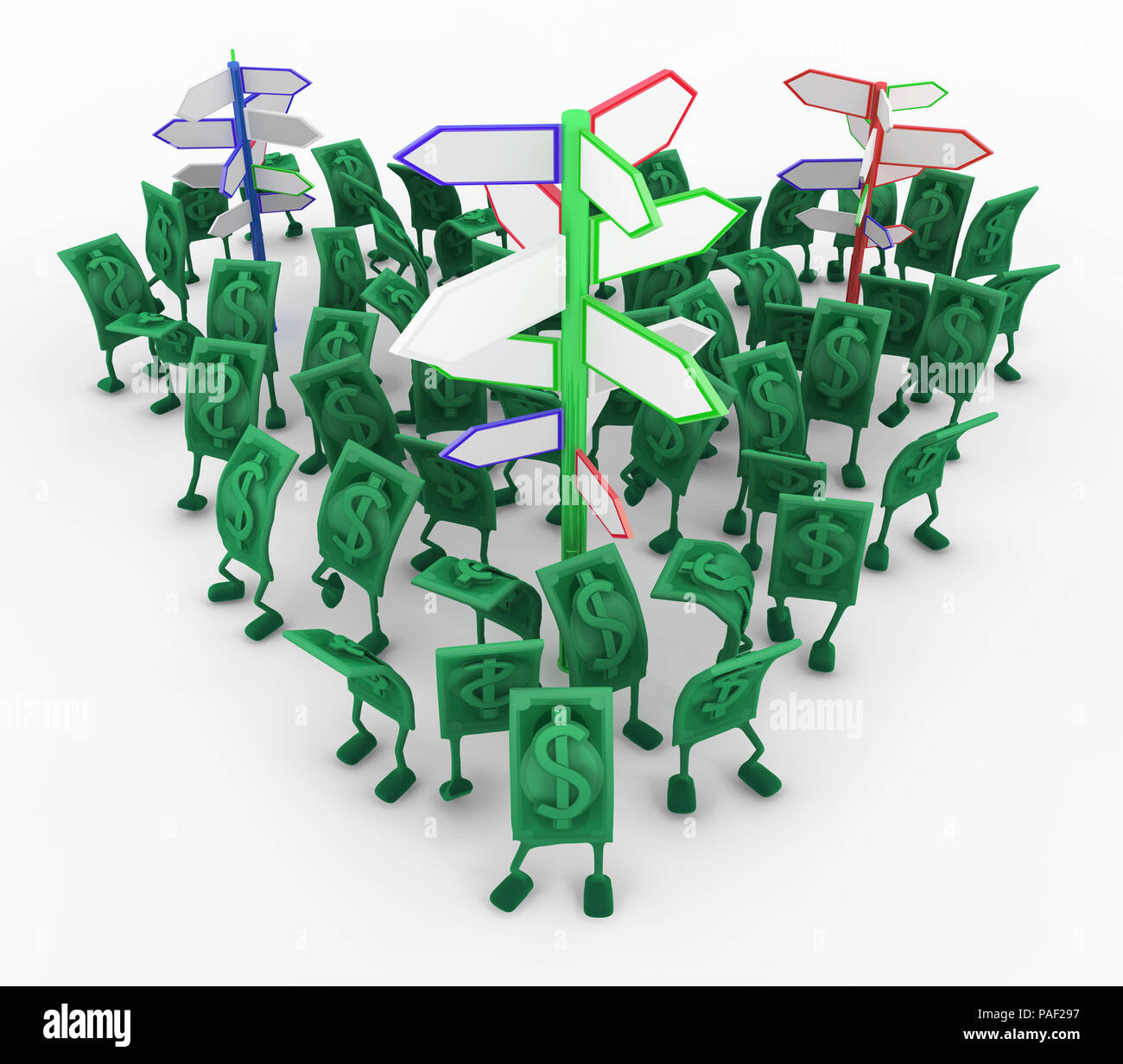 Dollar money symbol cartoon characters signposts, 3d illustration ...