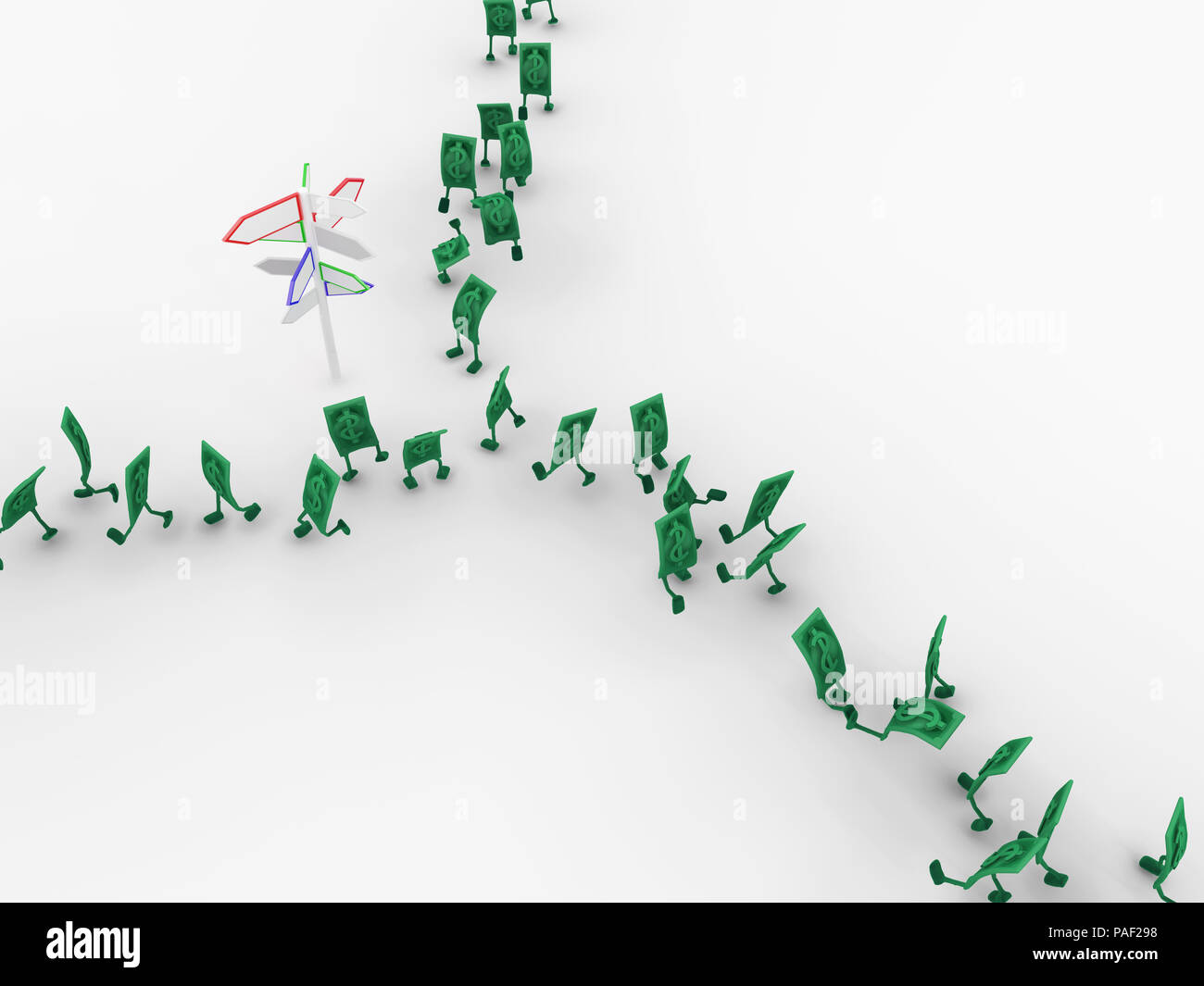 Dollar money symbol cartoon characters signpost split run, 3d ...