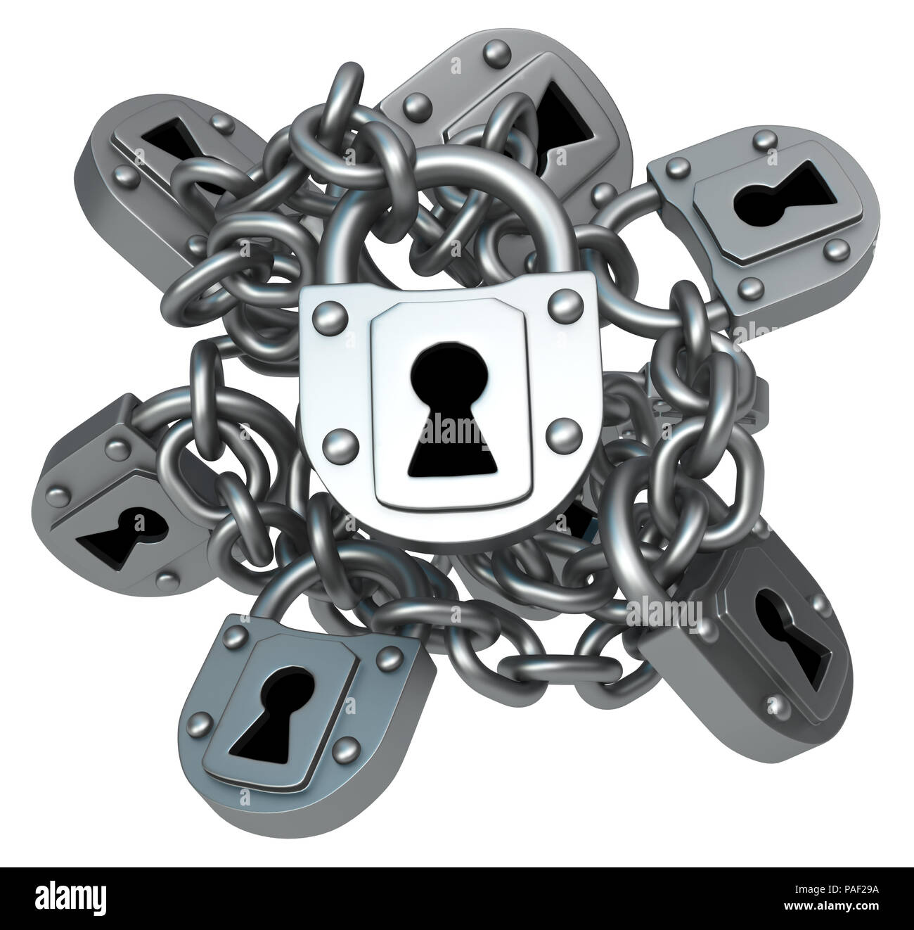 Locks bunch chain metal, 3d illustration, horizontal, isolated, over ...