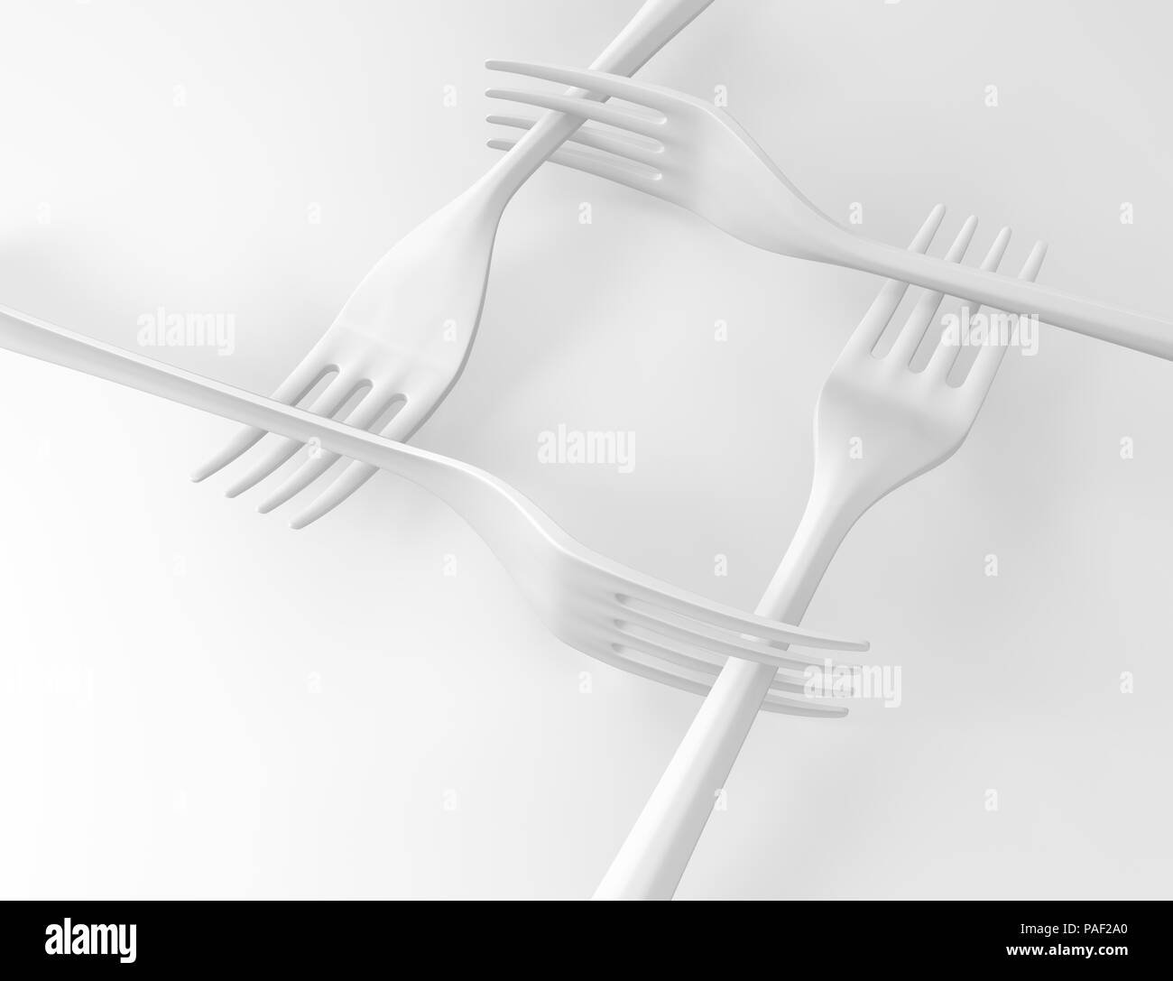 Plastic forks four white abstract, 3d illustration, horizontal ...