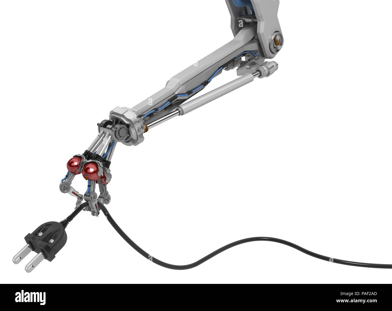 Robotic arm with three fingers, holding electricity power cable ...