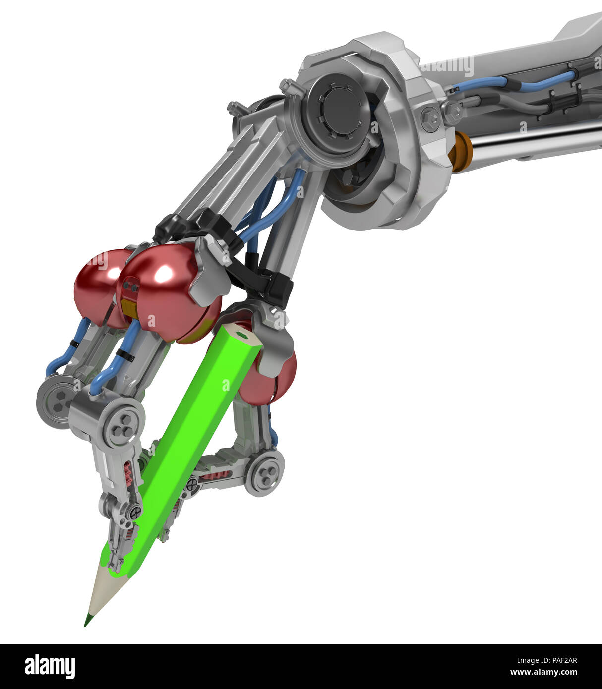 Robotic arm with three fingers close-up, holding drawing pencil green ...