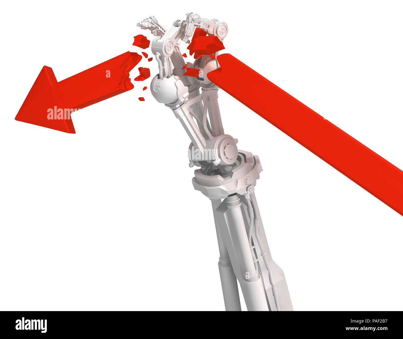 Robotic arm with three fingers white, arrow break, 3d illustration ...