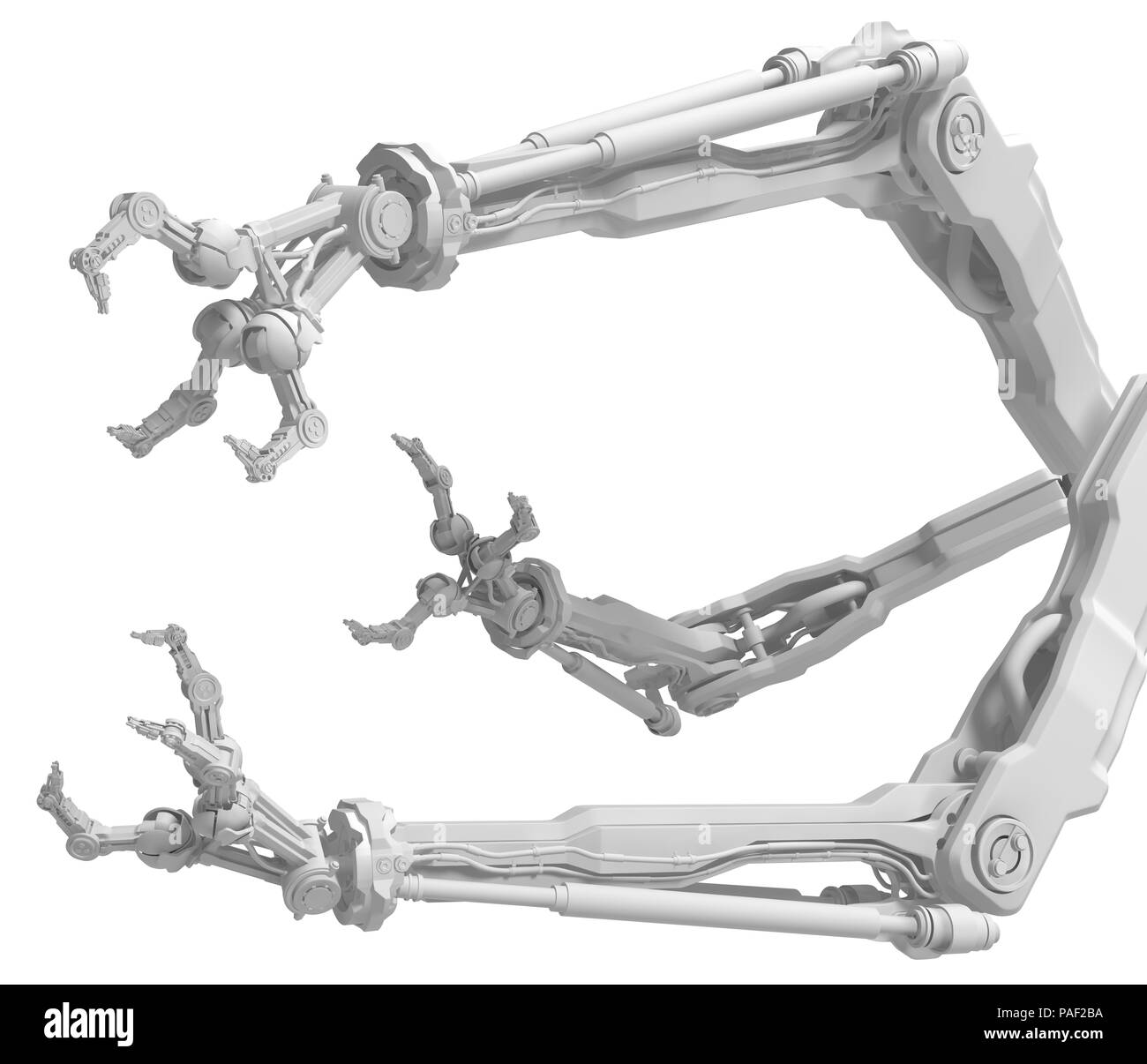 Robotic arm with three fingers white, group reach, 3d illustration ...