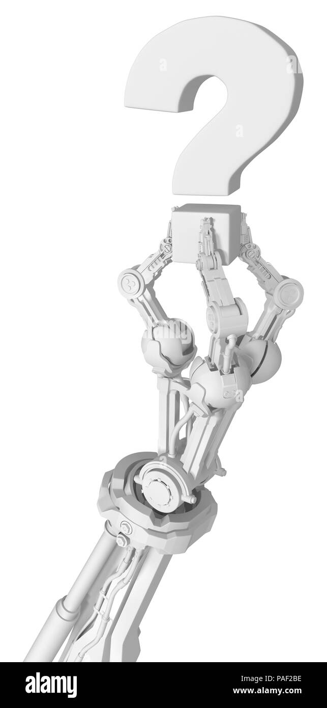 Robotic arm with three fingers white, holding question mark symbol, 3d ...