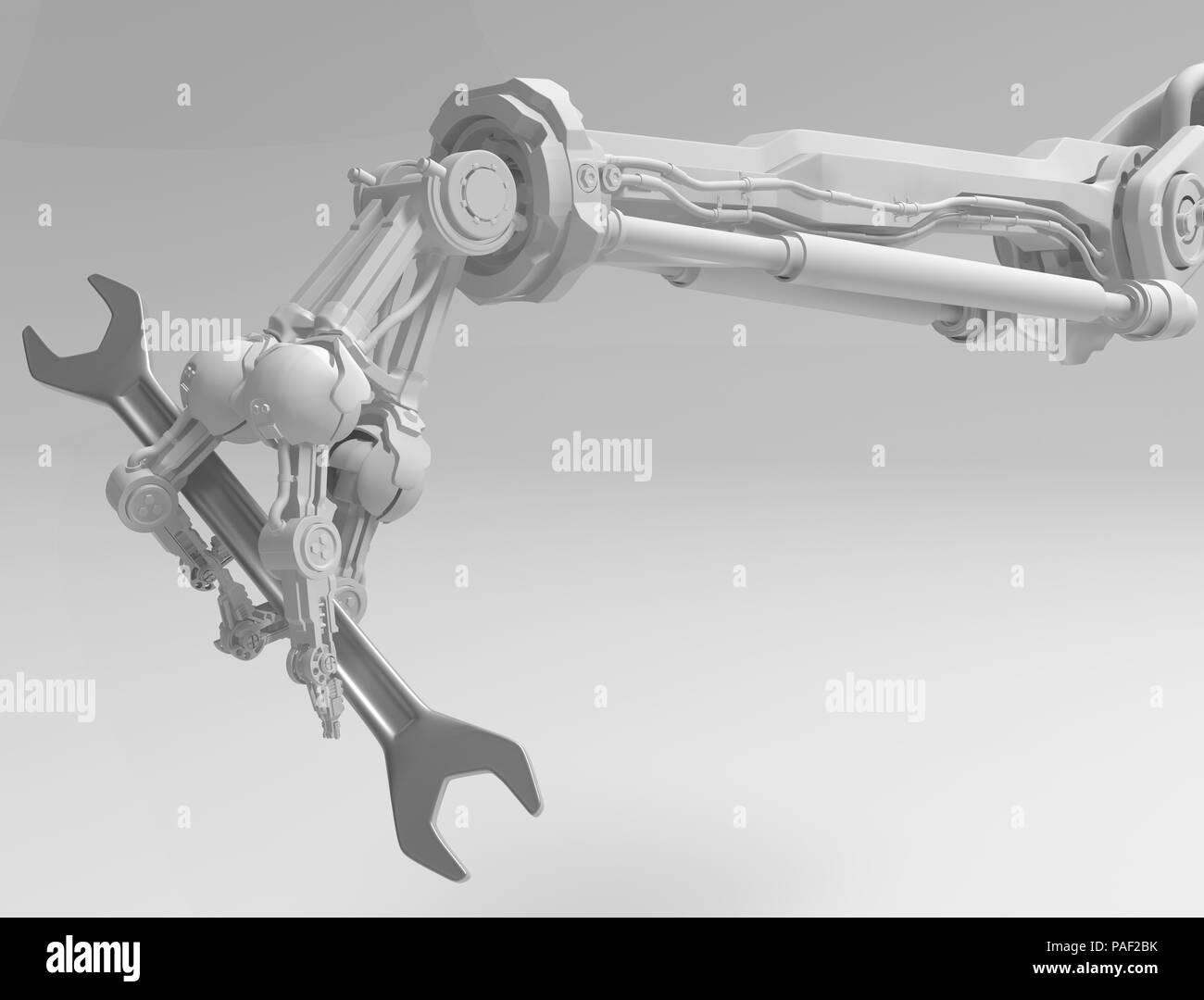 Robotic arm with three fingers white, holding spanner, 3d illustration ...