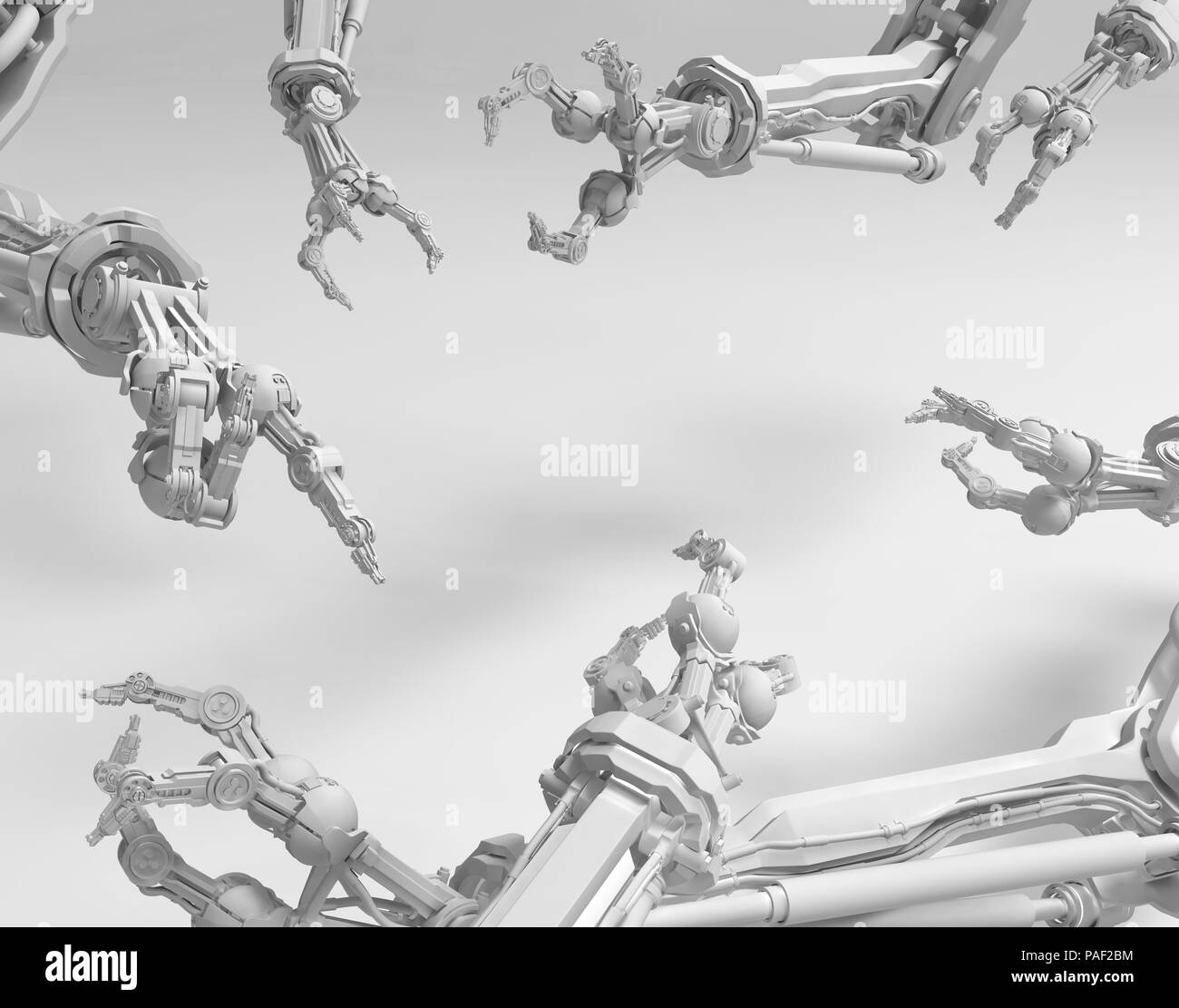 Robotic arm with three fingers white, many surrounding, 3d illustration ...