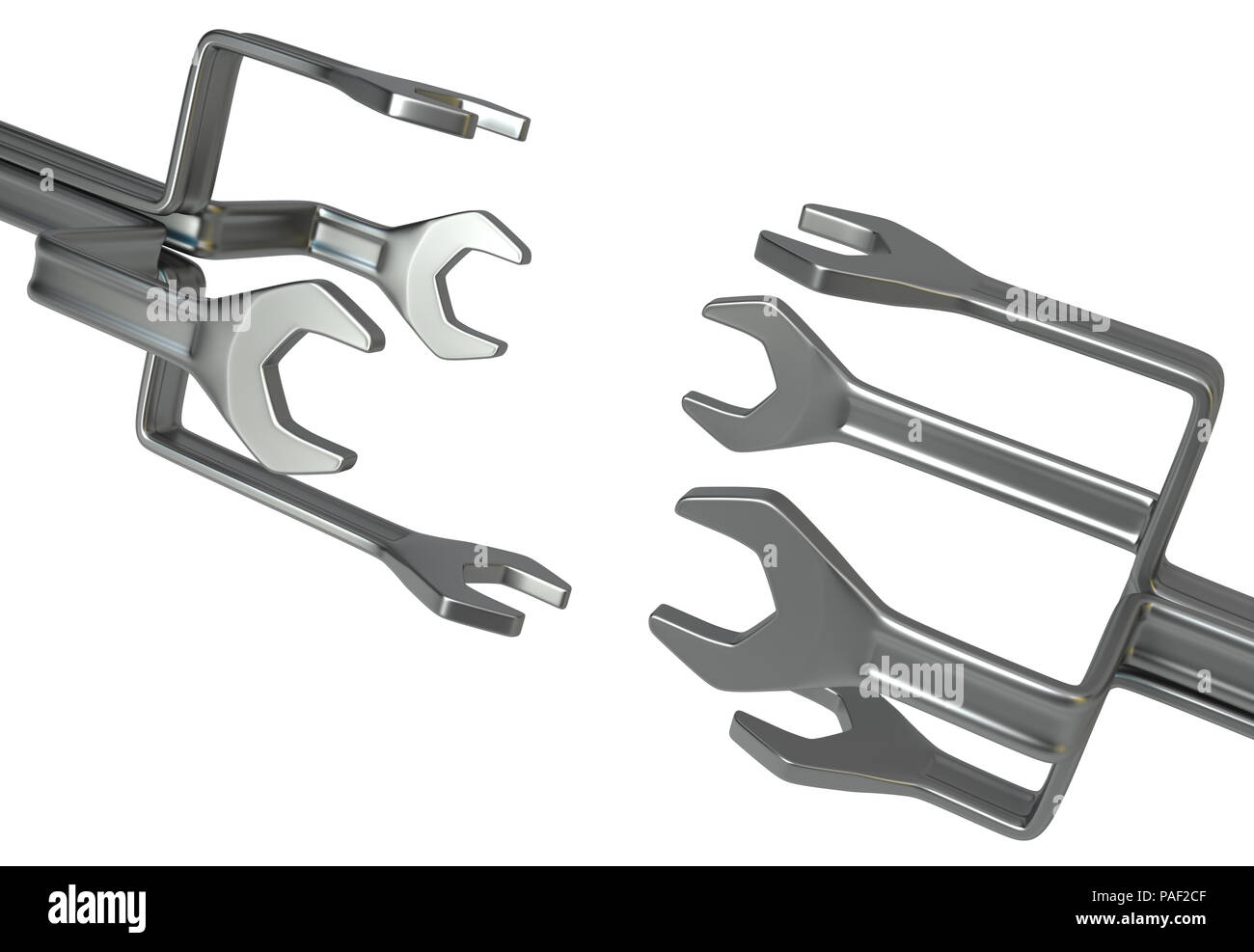 Spanners quad link, 3d illustration, horizontal, isolated, over white ...