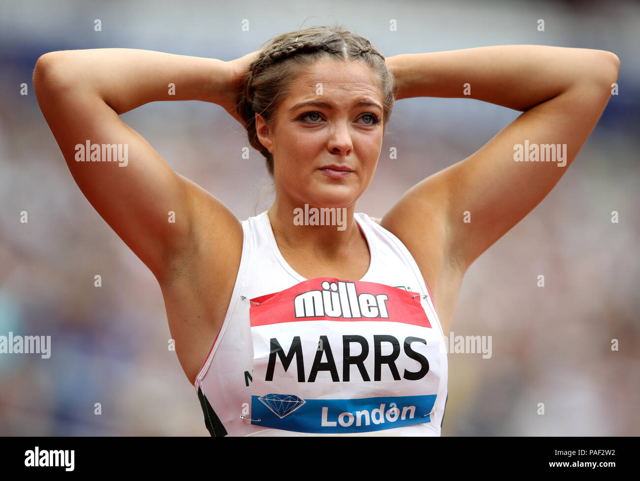 Great Britain's Megan Marrs reacts after the Women's 100m hurdles ...