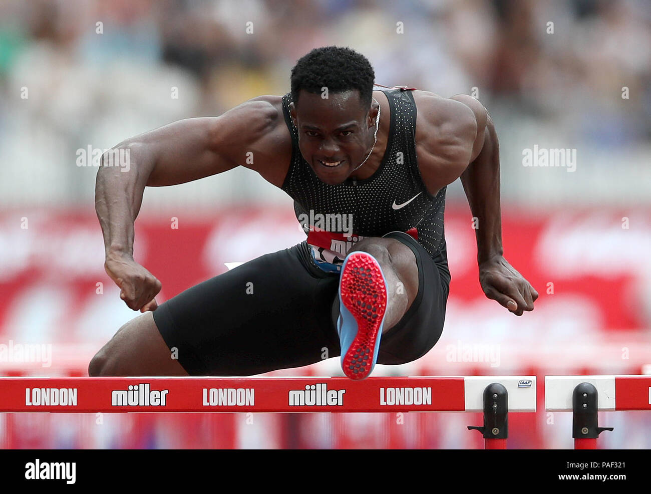 Jamaica's Ronald Levy goes on to win the Men's 110m hurdle during day ...