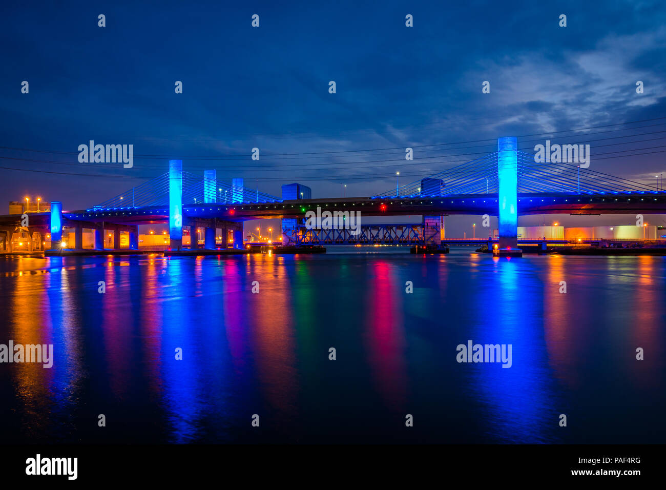 The Pearl Harbor Memorial Bridge at night in New Haven, Connecticut ...