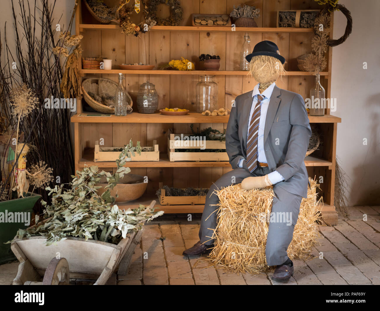 Big puppet made of straw wearing a suit and a hat, sitting on a straw ...