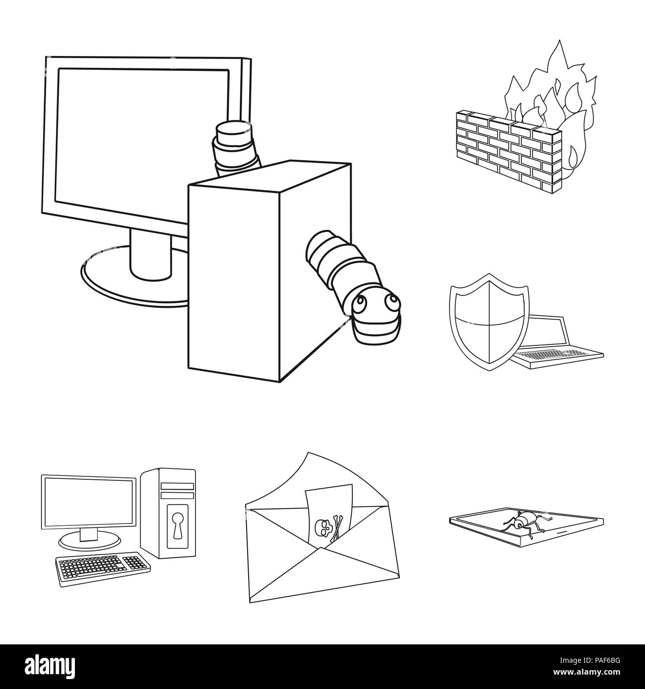 Hacker and hacking outline icons in set collection for design. Hacker and equipment vector ...