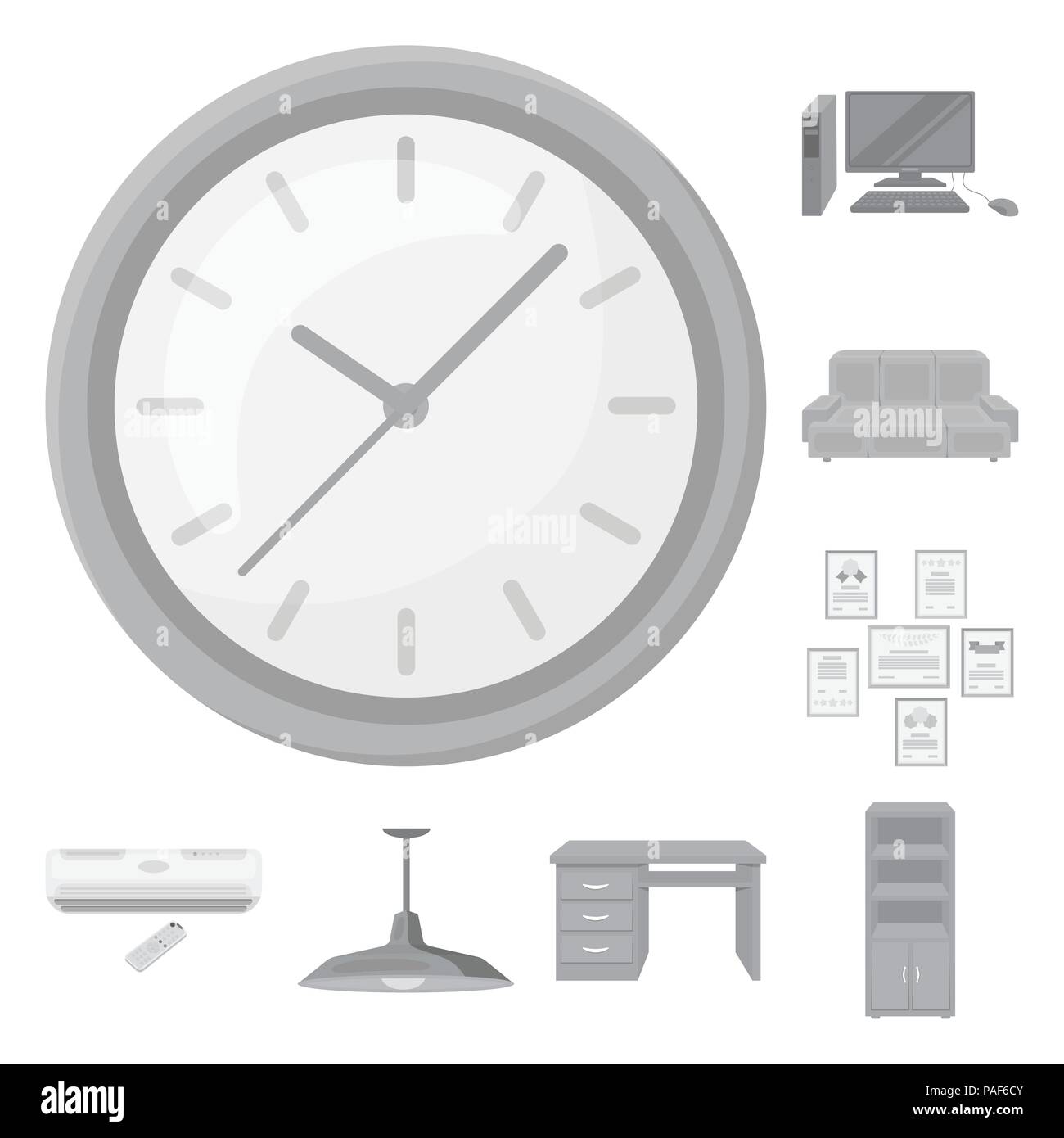 Interior of the workplace monochrome icons in set collection for design ...